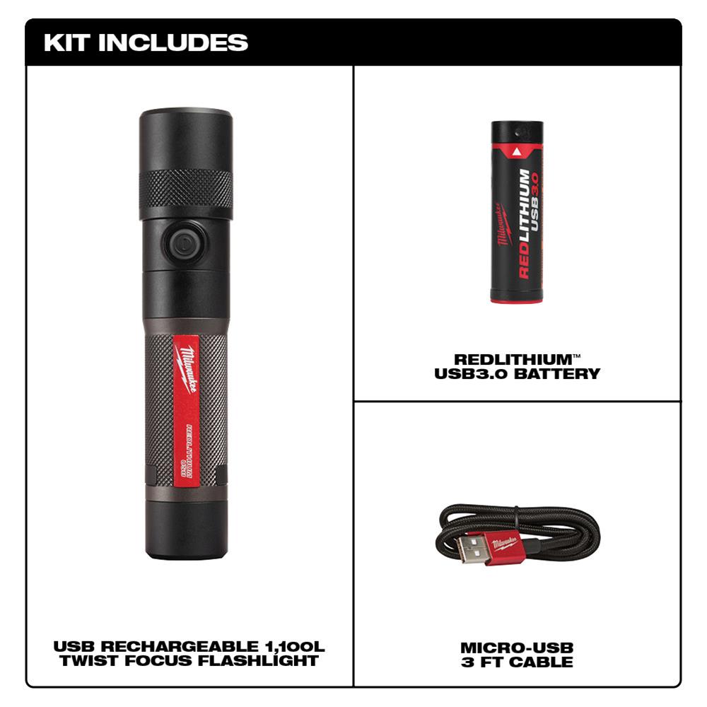 Milwaukee Tool 2161-21 Milwaukee USB Rechargeable 1100L Twist Focus Flashlights | Summit Racing