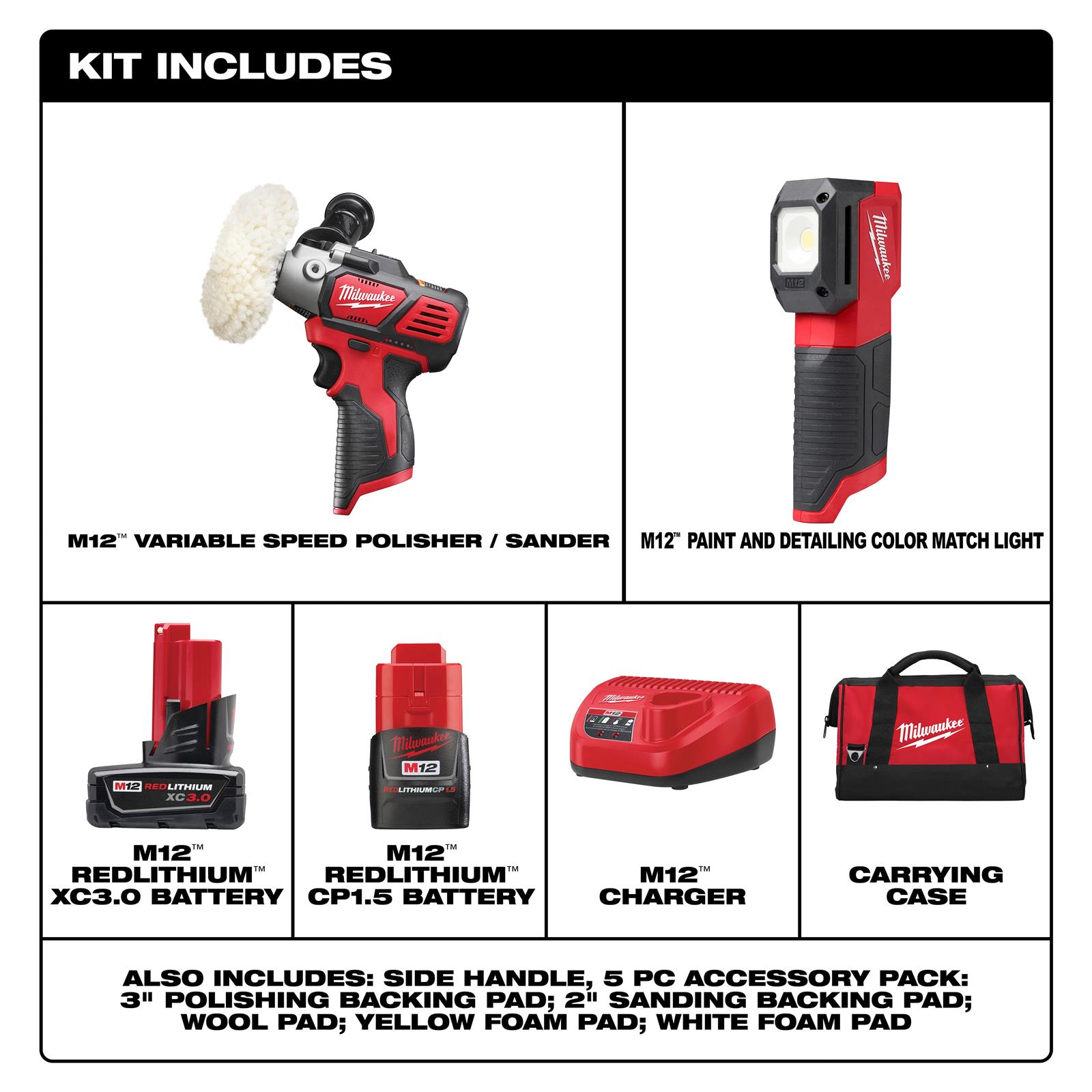 Milwaukee Tool 3IN-DETAILER Milwaukee M12 Polisher/Sander and Color ...