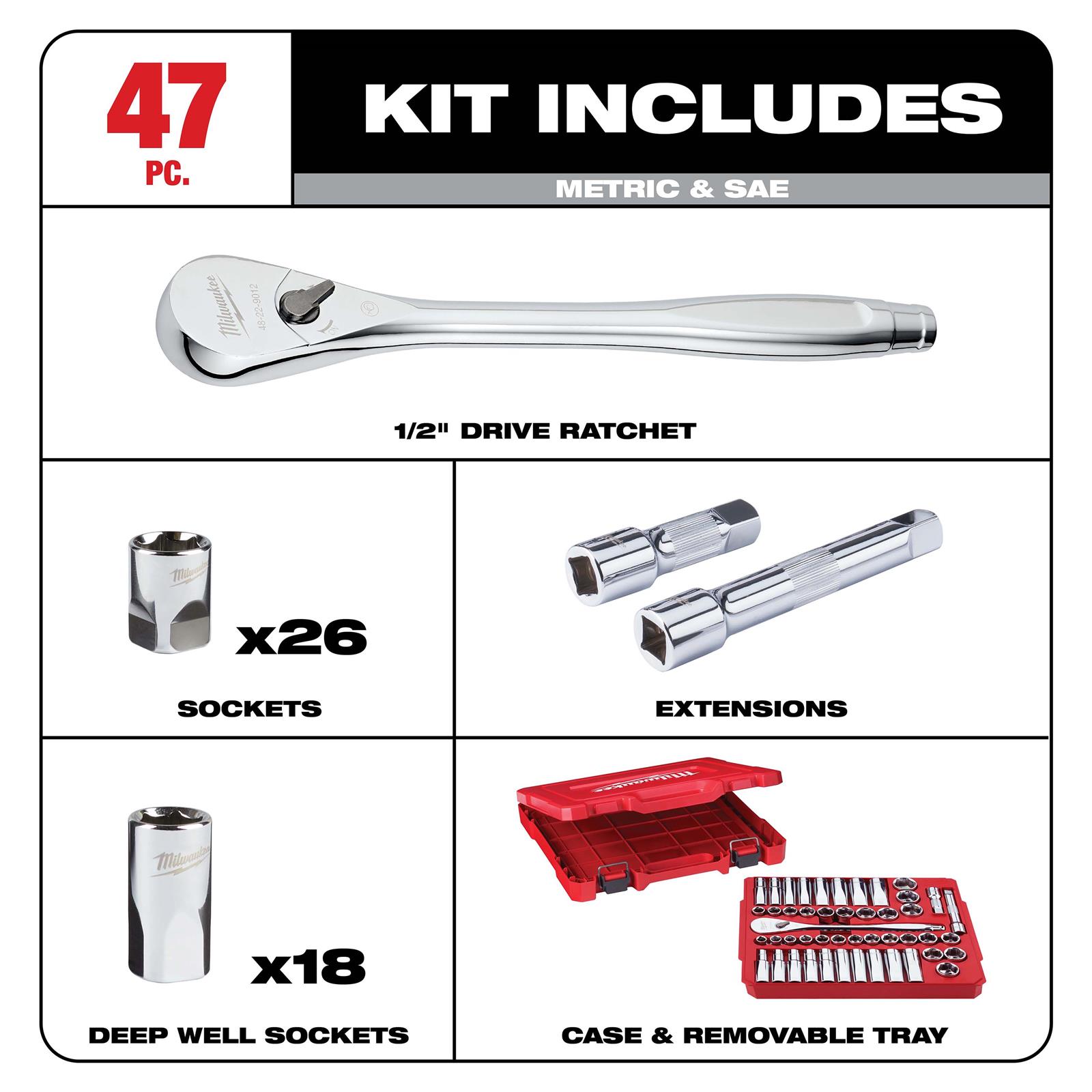 Milwaukee Tool 48-22-9010 Milwaukee 47-Piece Ratchet and Socket Sets | Summit Racing